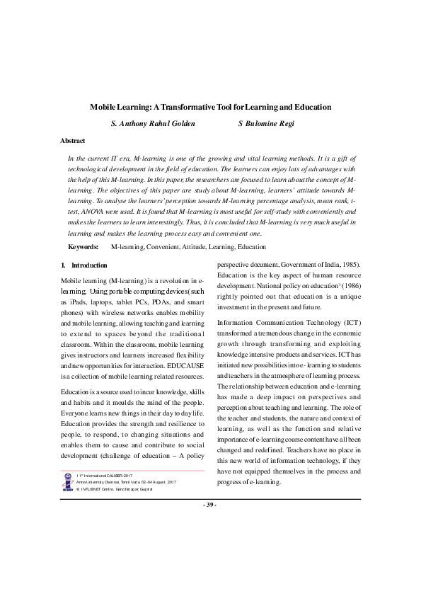 (PDF) Mobile Learning : A Transformative Tool for Learning and Education