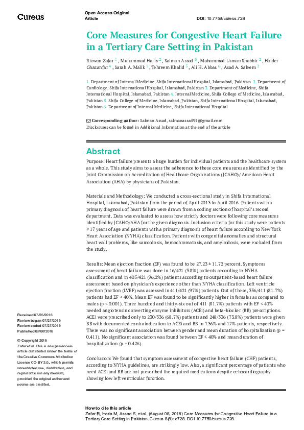(PDF) Core Measures for Congestive Heart Failure in a Tertiary Care ...