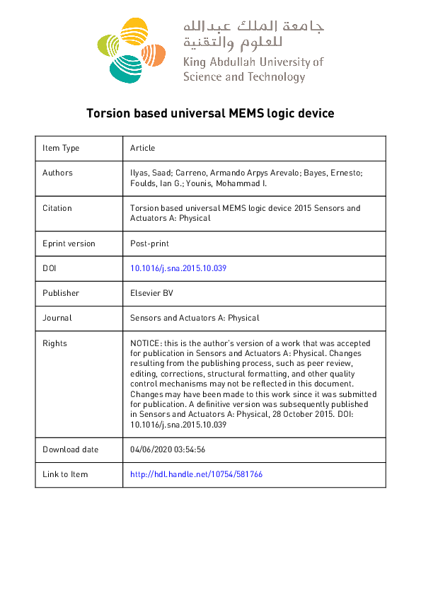 (PDF) Torsion based universal MEMS logic device