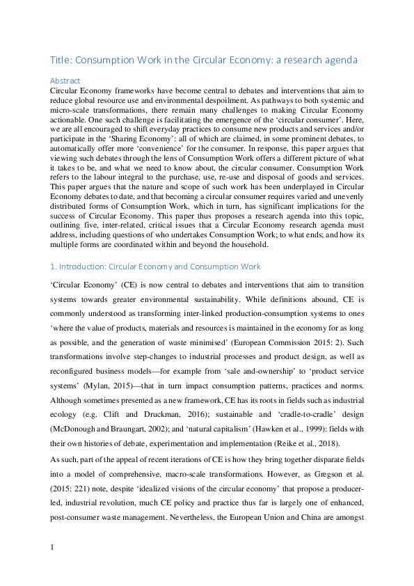 (PDF) Consumption Work in the circular economy: A research agenda