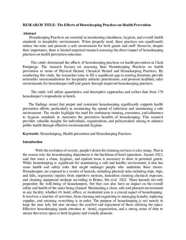 (PDF) The Effects of Housekeeping Practices on Health Prevention