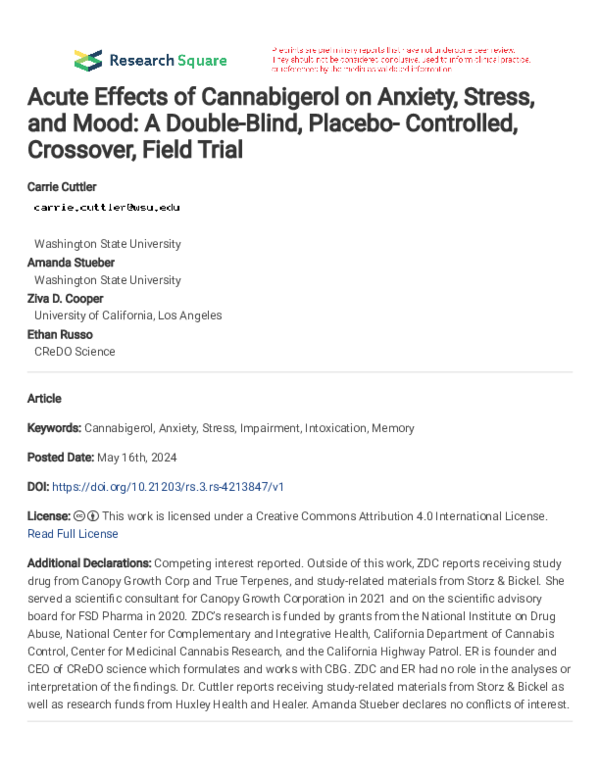 (PDF) Acute Effects of Cannabigerol on Anxiety, Stress, and Mood: A ...