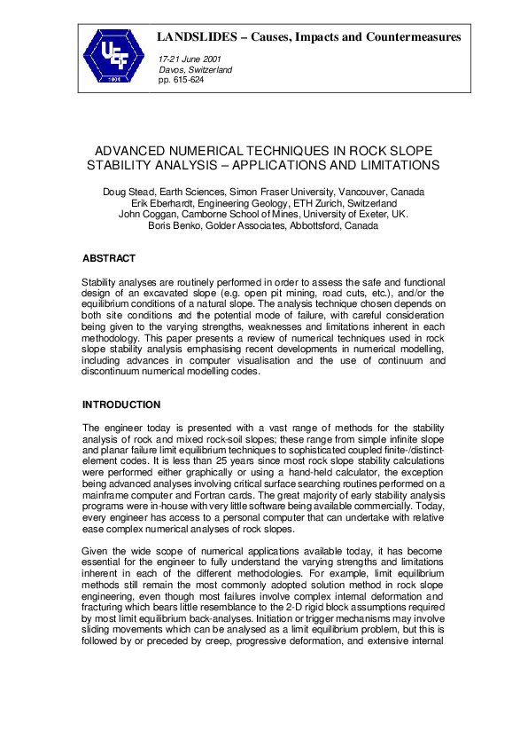 (PDF) Advanced numerical techniques in rock slope stability analysis—applications and limitations