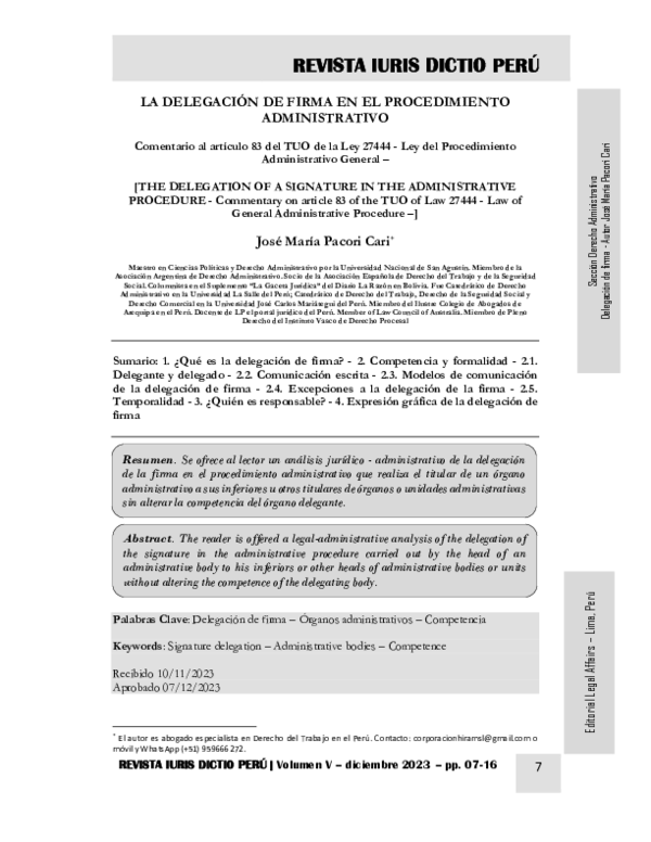 (PDF) LA DELEGACIÓN DE FIRMA EN EL PROCEDIMIENTO ADMINISTRATIVO - AUTOR JOSÉ MARÍA PACORI CARI