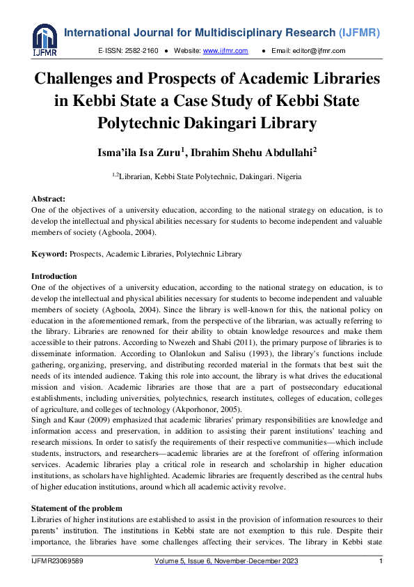 (PDF) Challenges and Prospects of Academic Libraries in Kebbi State a ...