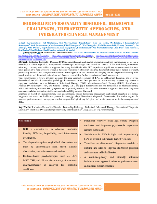 (PDF) Borderline Personality Disorder: Diagnostic Challenges, Therapeutic Approaches, and ...