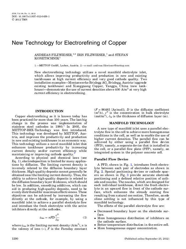 (PDF) New Technology for Electrorefining of Copper