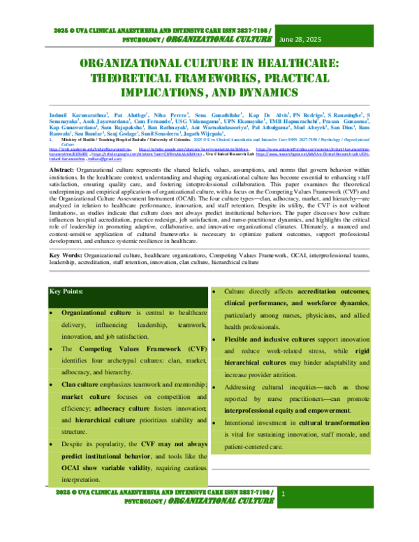 (PDF) Organizational Culture in Healthcare: Theoretical Frameworks, Practical Implications, and ...