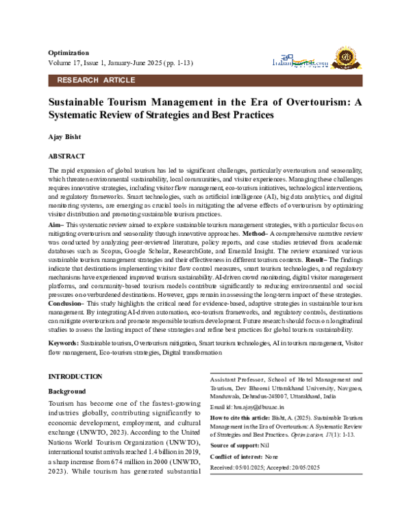 (PDF) Sustainable Tourism Management in the Era of Overtourism: A ...