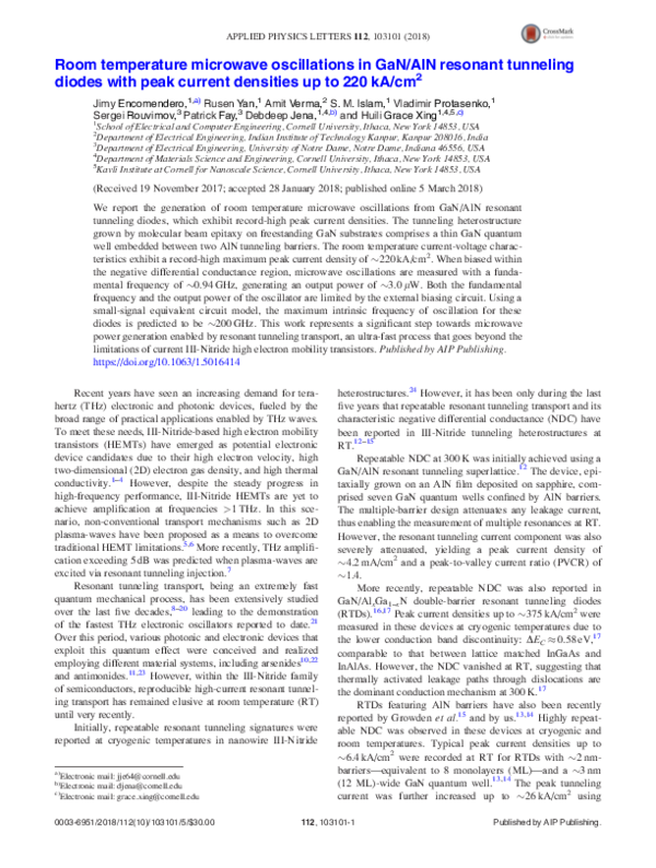 (PDF) Room temperature microwave oscillations in GaN/AlN resonant tunneling diodes with peak ...