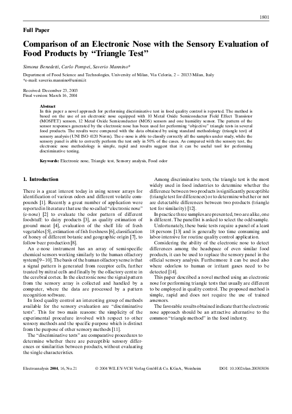 (PDF) Comparison of an Electronic Nose with the Sensory Evaluation of ...
