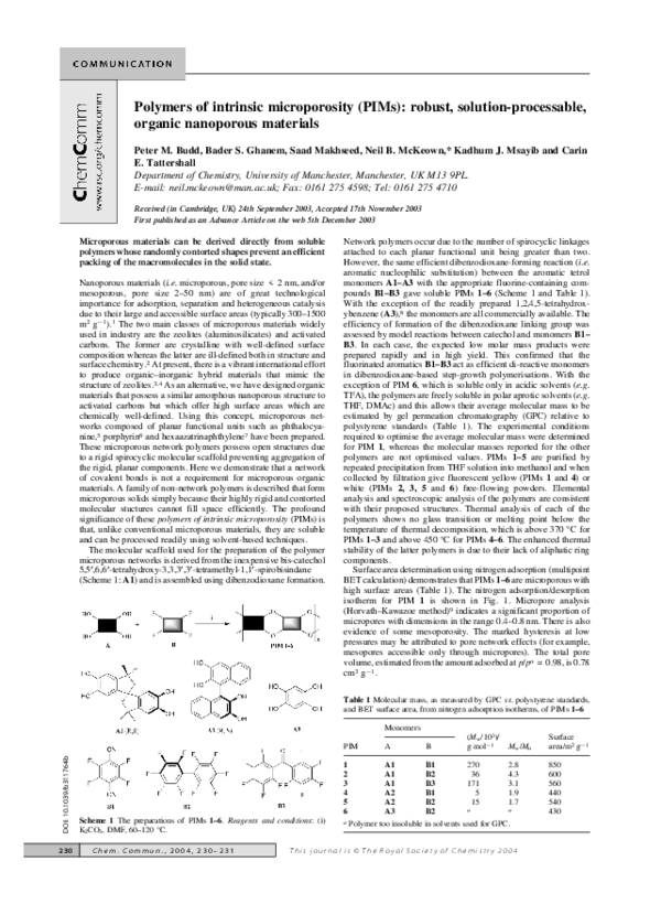 (PDF) Polymers of intrinsic microporosity (PIMs): robust, solution ...