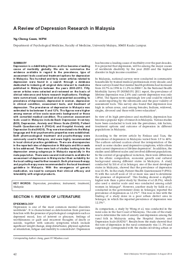 (PDF) A review of depression research in malaysia