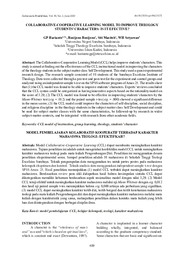 (PDF) Collaborative-Cooperative Learning Model to Improve Theology Students’ Characters: Is It ...