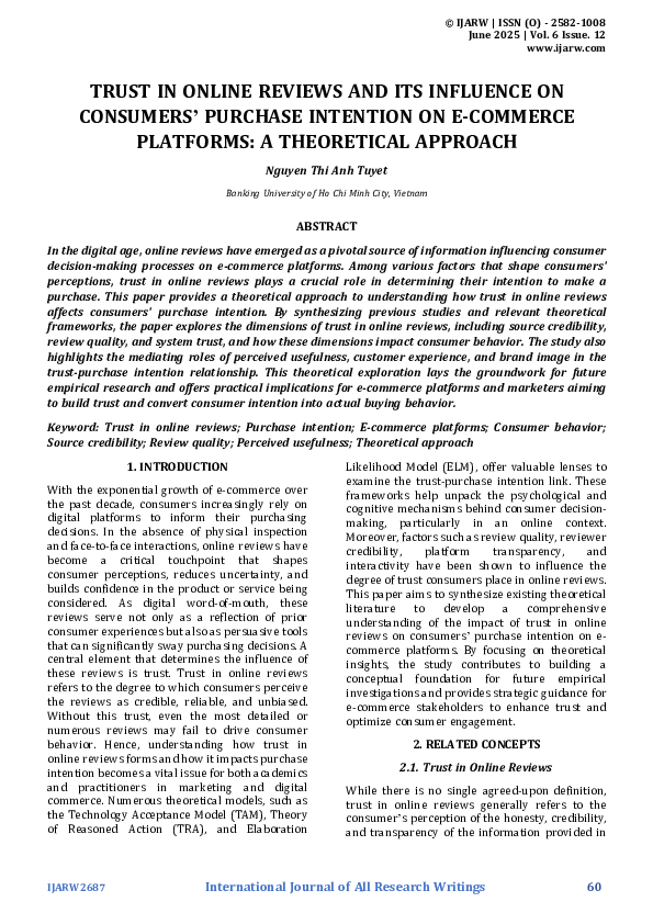 (PDF) TRUST IN ONLINE REVIEWS AND ITS INFLUENCE ON CONSUMERS' PURCHASE INTENTION ON E-COMMERCE ...