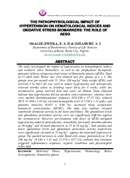 (PDF) THE PATHOPHYSIOLOGICAL IMPACT OF HYPERTENSION ON HEMATOLOGICAL INDICES AND OXIDATIVE ...