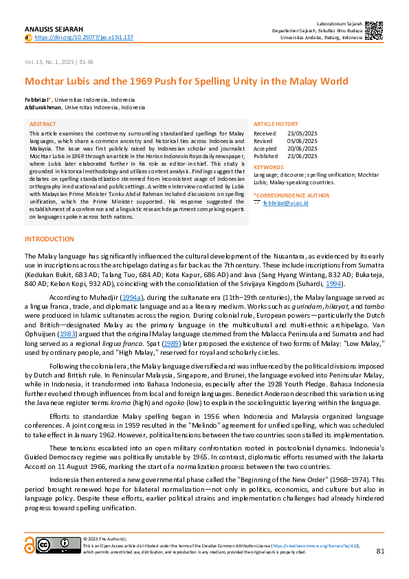 (PDF) Mochtar Lubis and the 1969 Push for Spelling Unity in the Malay World