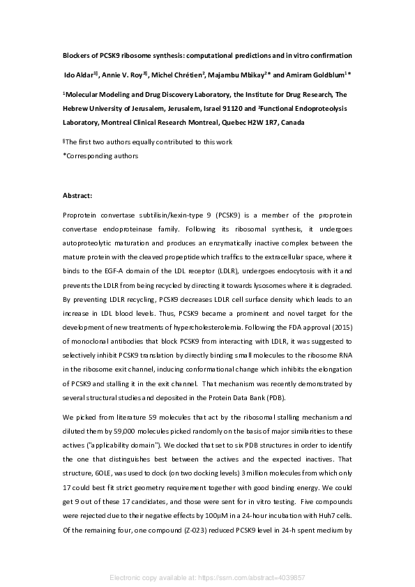 (PDF) Blockers of PCSK9 Ribosome Synthesis: Computational Predictions ...