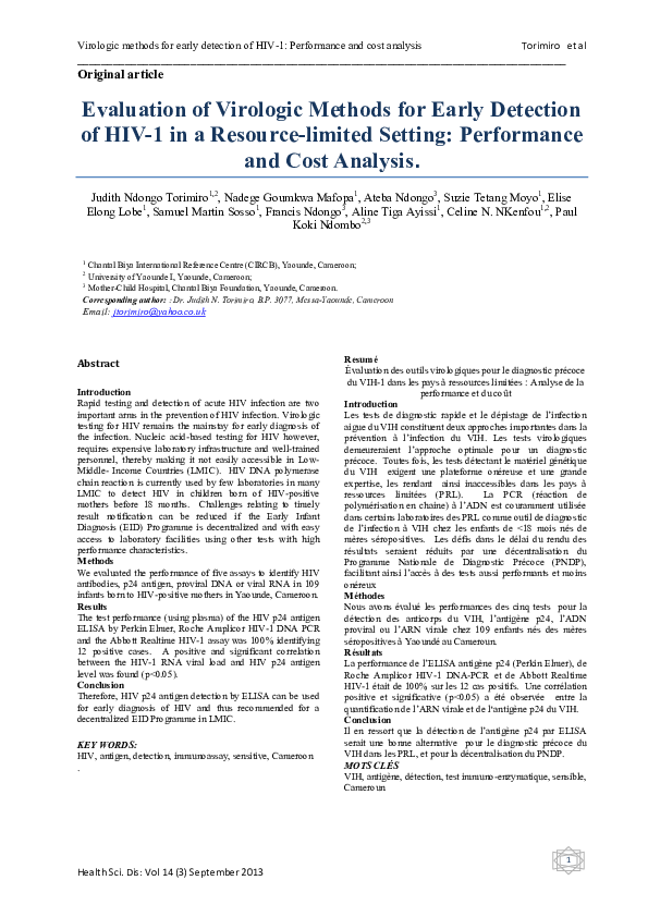 (PDF) Evaluation of Virologic Methods for Early Detection of HIV-1 in a ...