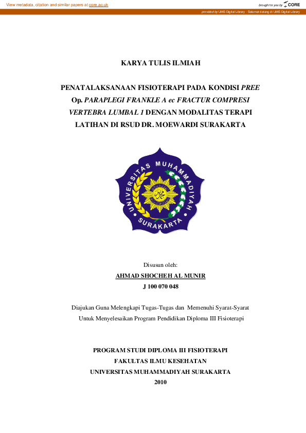 (PDF) Penatalaksanaan Fisioterapi Pada Kondisi Pree Op. Paraplegi ...