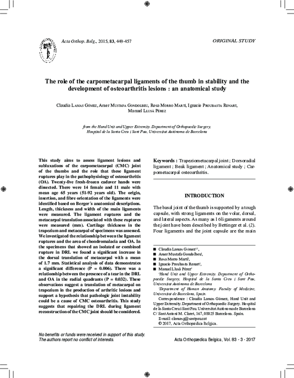 (PDF) The Role Of The Carpometacarpal Ligaments Of The Thumb In ...