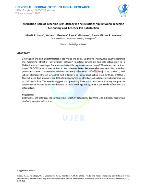 (PDF) Mediating Role of Teaching Self-Efficacy in the Relationship ...