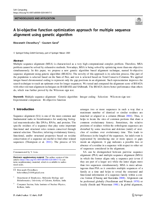 (PDF) A bi-objective function optimization approach for multiple sequence alignment using ...