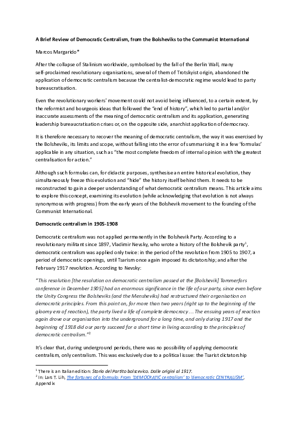 (PDF) A Brief Review of Democratic Centralism, from the Bolsheviks to ...