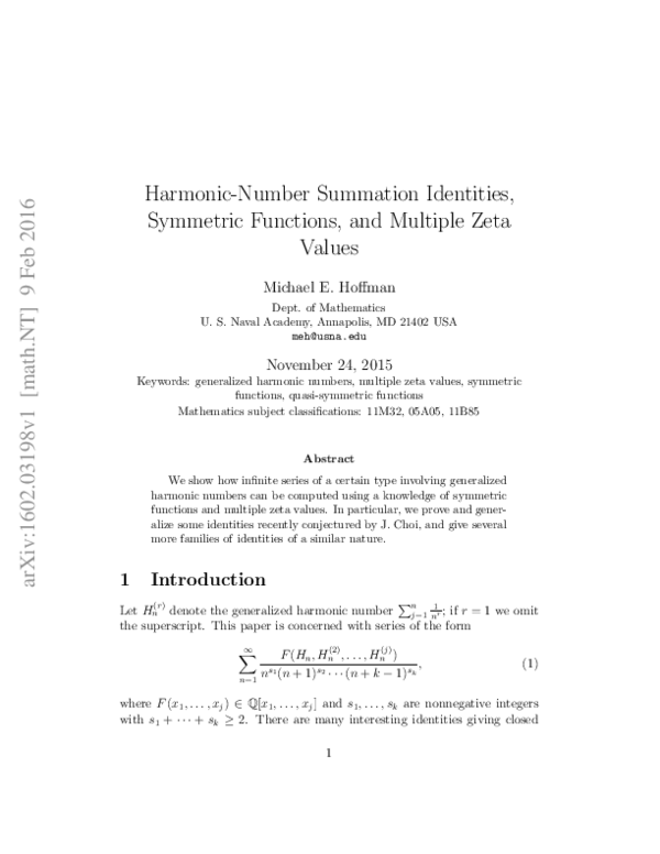 (PDF) Harmonic-number summation identities, symmetric functions, and ...