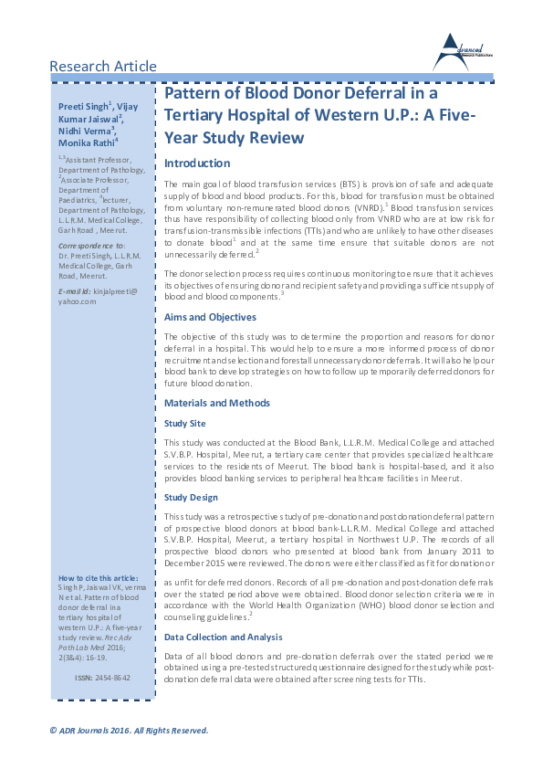 (PDF) Pattern of Blood Donor Deferral in a Tertiary Hospital of Western ...