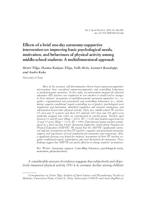 (PDF) Effects of a brief one-day autonomy-supportive intervention on improving basic ...