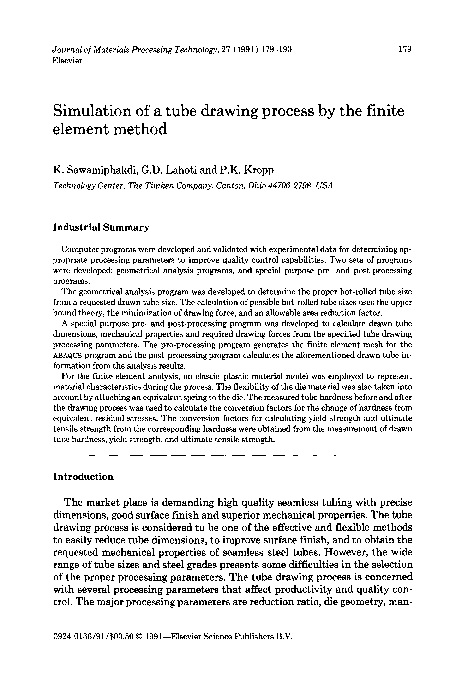 (PDF) Simulation of a tube drawing process by the finite element method