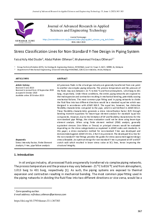 (PDF) Stress Classification Lines for Non-Standard Y-Tee Design in ...