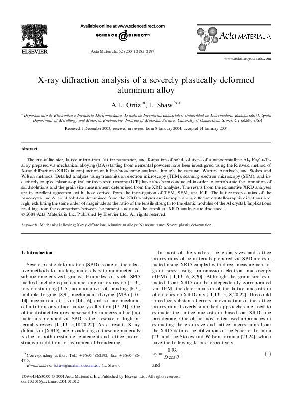 (PDF) X-ray diffraction analysis of a severely plastically deformed ...