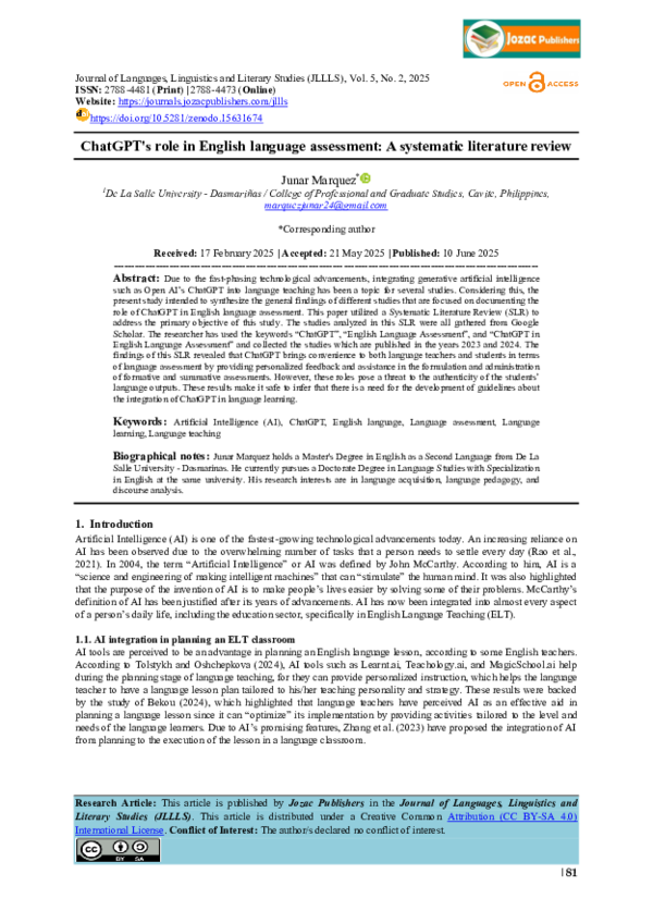 (PDF) ChatGPT's role in English language assessment: A systematic ...