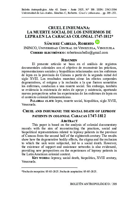 (PDF) Cruel e inhumana: la muerte social de los enfermos de lepra en la ...