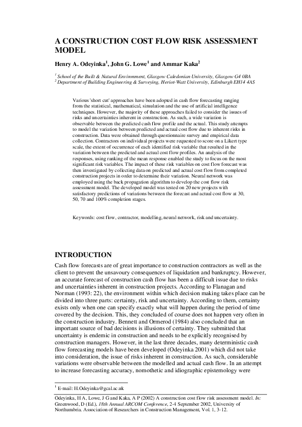 (PDF) Artificial neural network cost flow risk assessment model
