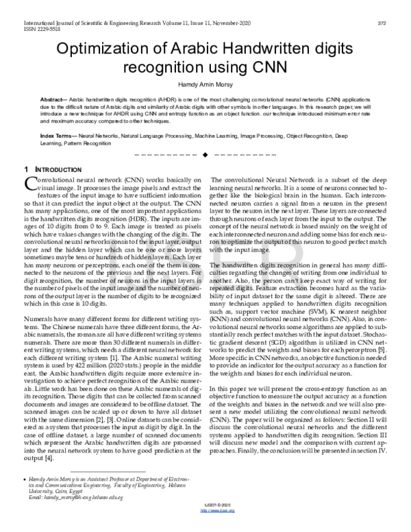 (PDF) Optimization of Arabic Handwritten digits recognition using CNN