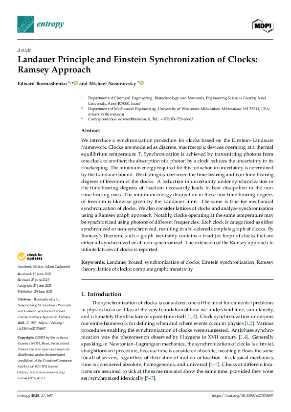 Pdf Landauer Principle And Einstein Synchronization Of Clocks Ramsey Approach
