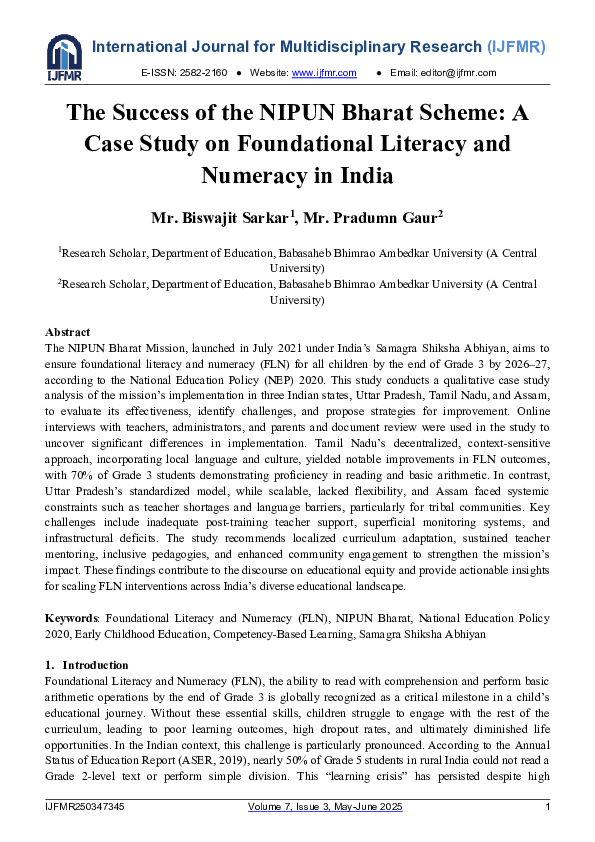 (PDF) The Success of NIPUN Bharat Scheme: A Case Study on Foundational Literacy and Numeracy in ...
