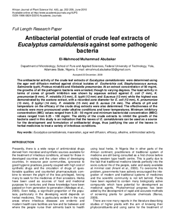 (PDF) Antibacterial potential of crude leaf extracts of Eucalyptus camaldulensis against some ...