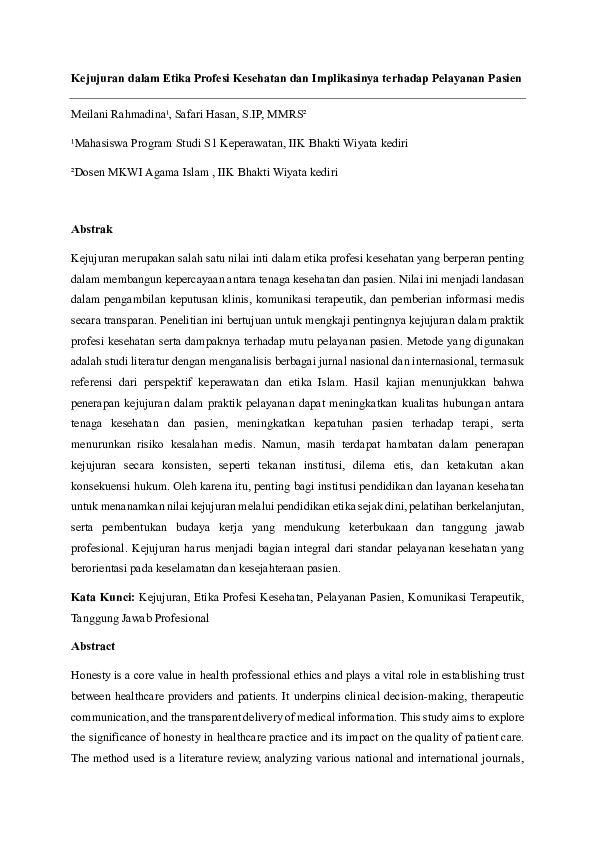 (PDF) Kejujuran dalam Etika Profesi Kesehatan dan Implikasinya terhadap Pelayanan Pasien