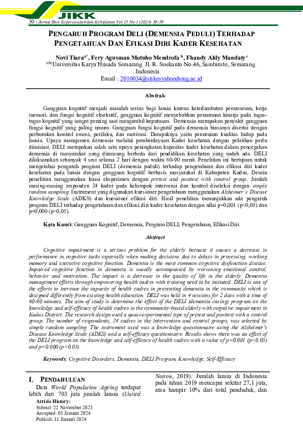 (PDF) Pengaruh Program Deli (Demensia Peduli) Terhadap Pengetahuan Dan Efikasi Diri Kader ...