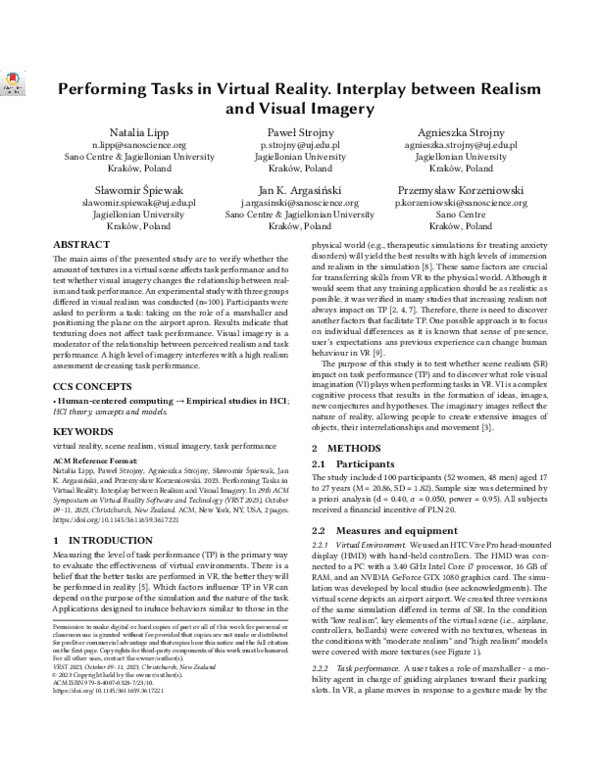 (PDF) Performing Tasks in Virtual Reality. Interplay between Realism ...