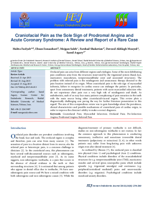(PDF) Craniofacial Pain as the Sole Sign of Prodromal Angina and Acute ...