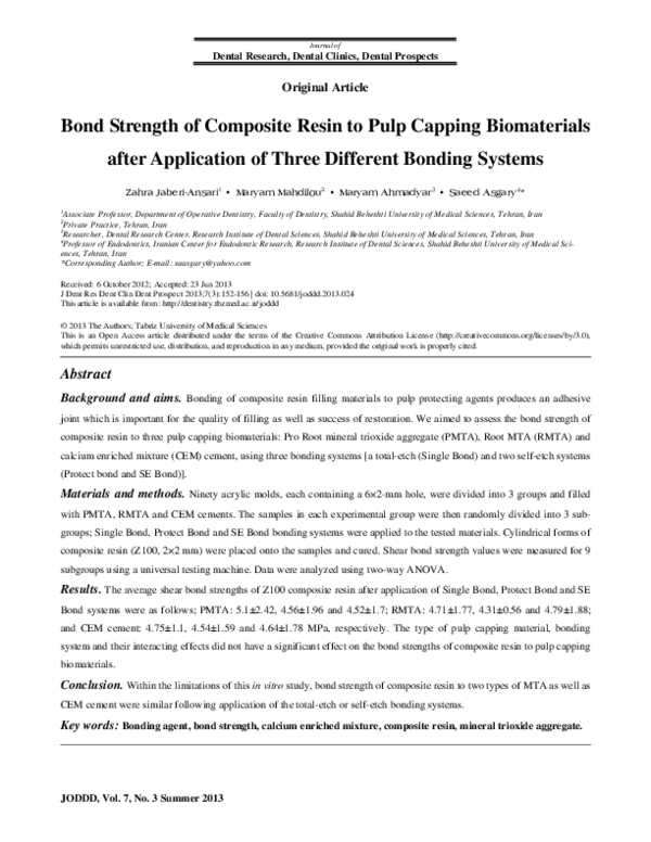 (PDF) Bond strength of composite resin to pulp capping biomaterials ...