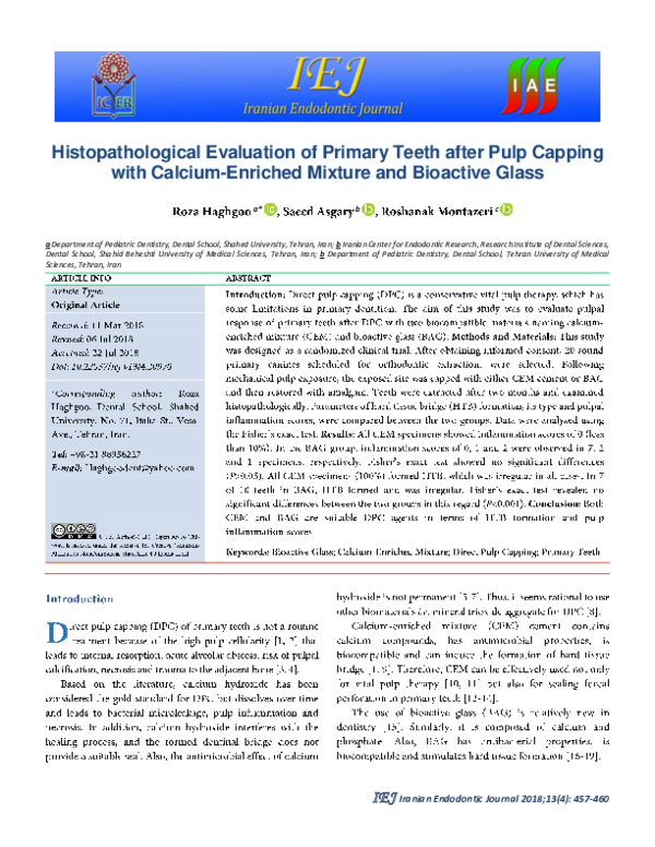 (PDF) Histopathological Evaluation of Primary Teeth after Pulp Capping ...