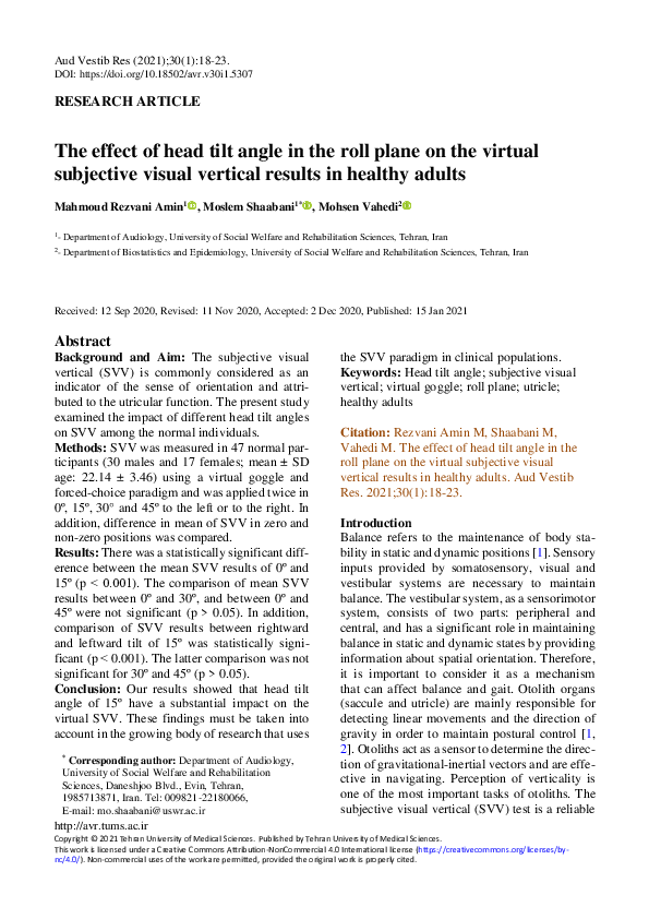 (PDF) The effect of head tilt angle in the roll plane on the virtual ...