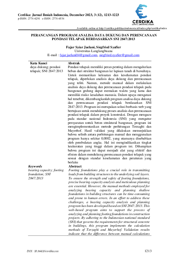 (PDF) Perancangan Program Analisa Daya Dukung Dan Perencanaan Pondasi Telapak Berdasarkan Sni ...