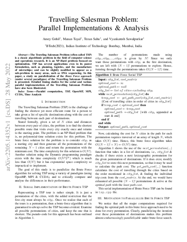 (PDF) Travelling Salesman Problem: Parallel Implementations & Analysis